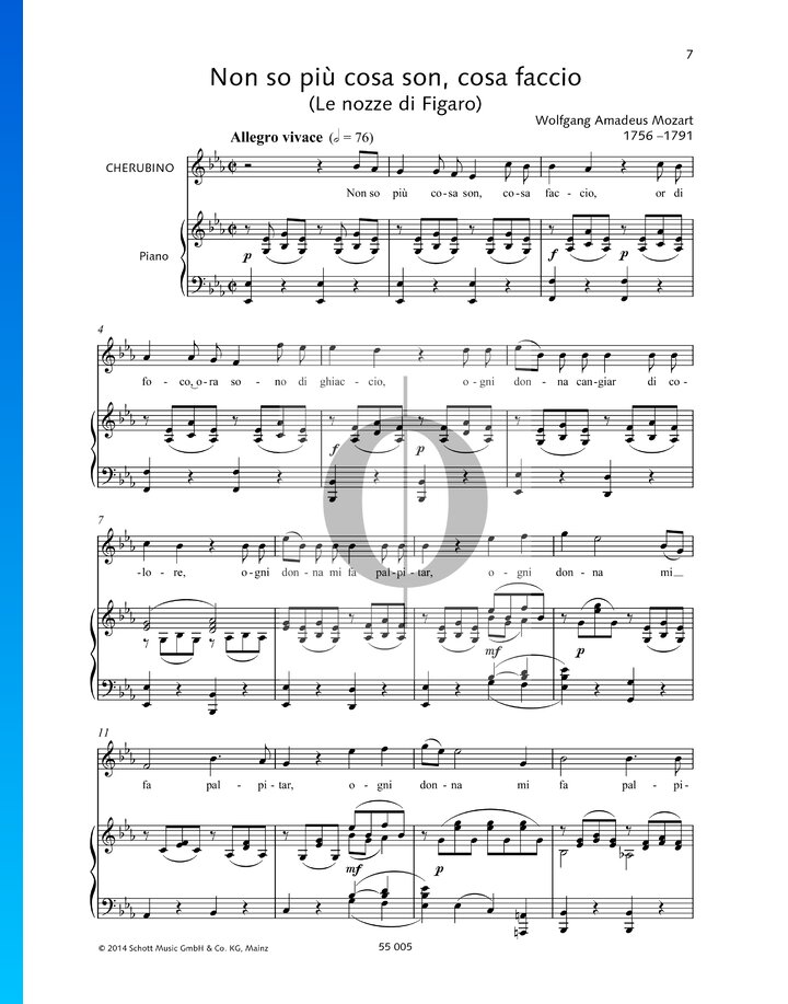 Non so più cosa son, cosa faccio (Wolfgang Amadeus Mozart) Piano Sheet Music - OKTAV