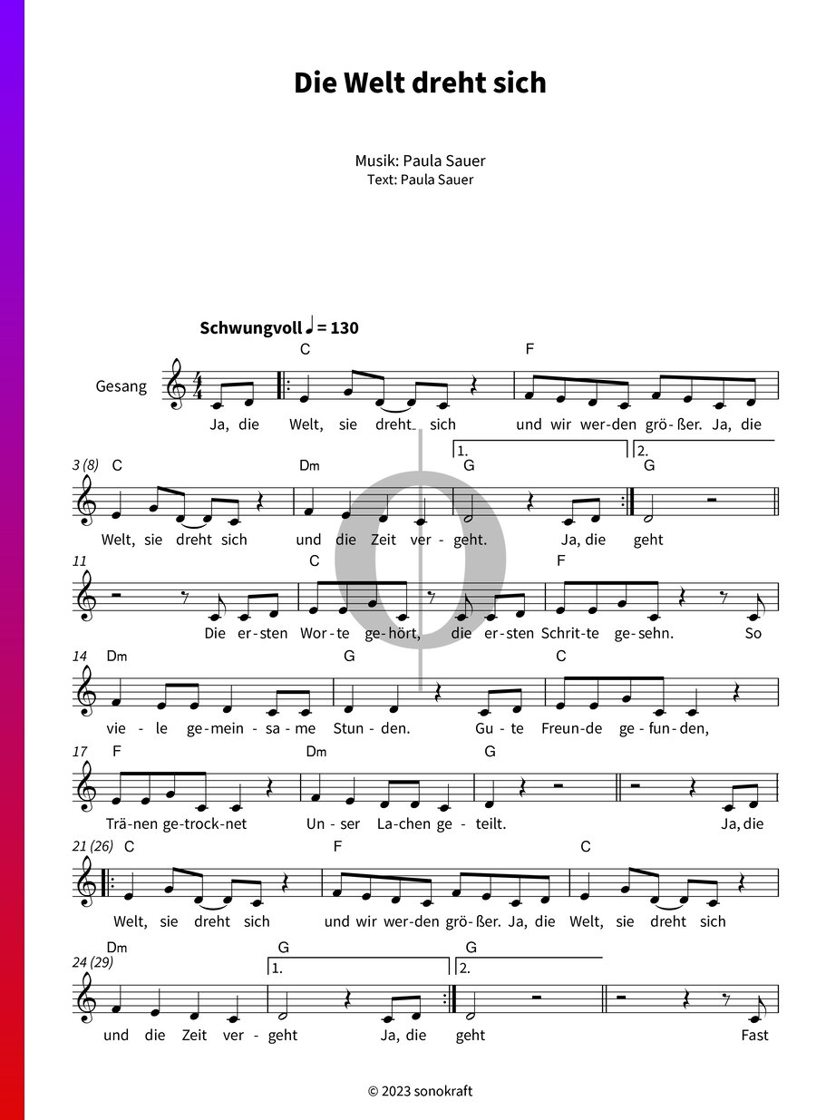 Die Welt dreht sich (Paula Sauer) Piano Sheet Music - OKTAV