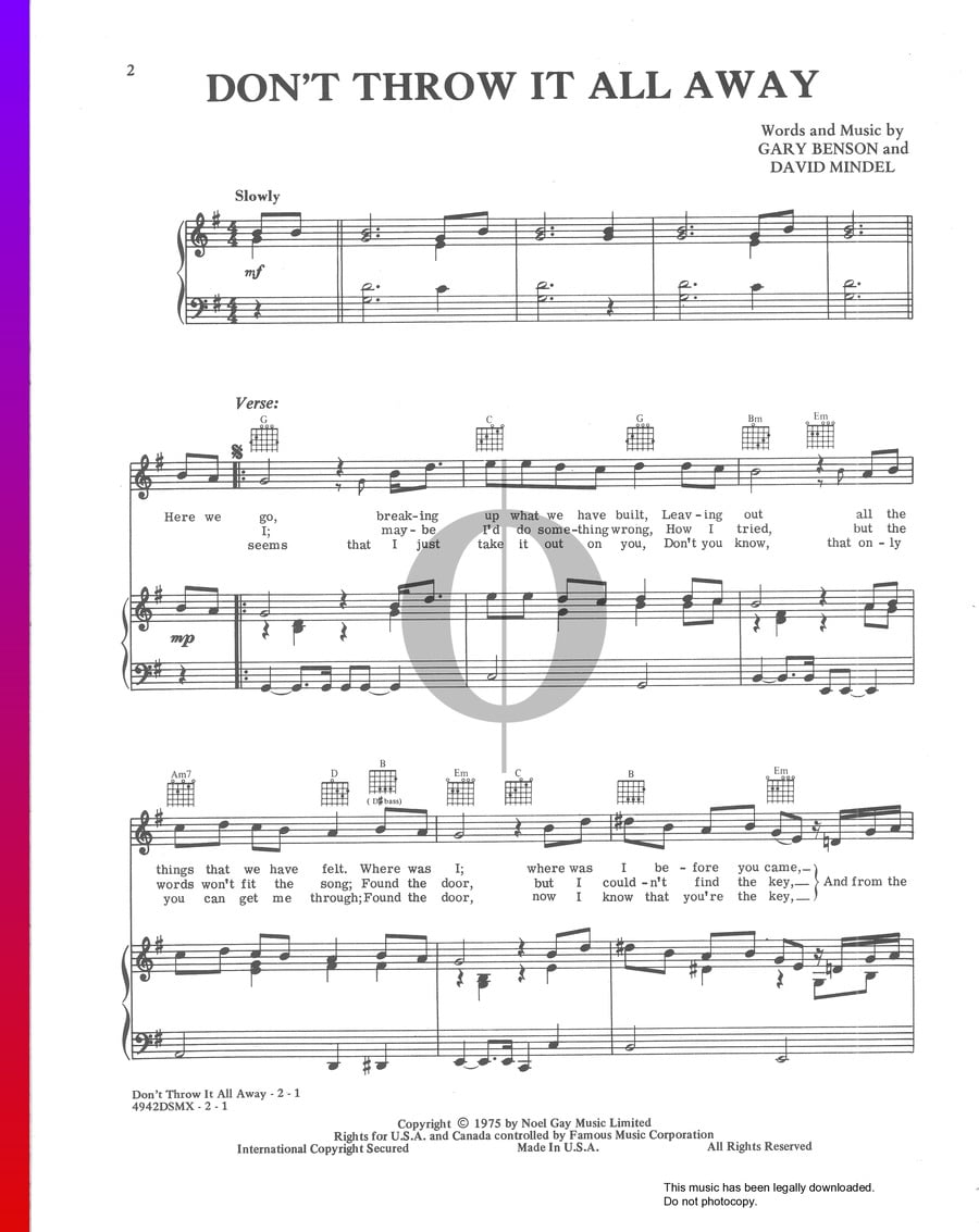 Don't Throw It All Away (Gary Benson) Piano Sheet Music - OKTAV