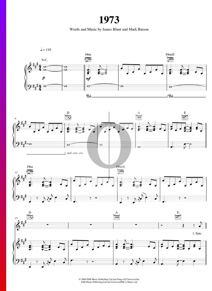 1973 (James Blunt) Piano Sheet Music - OKTAV