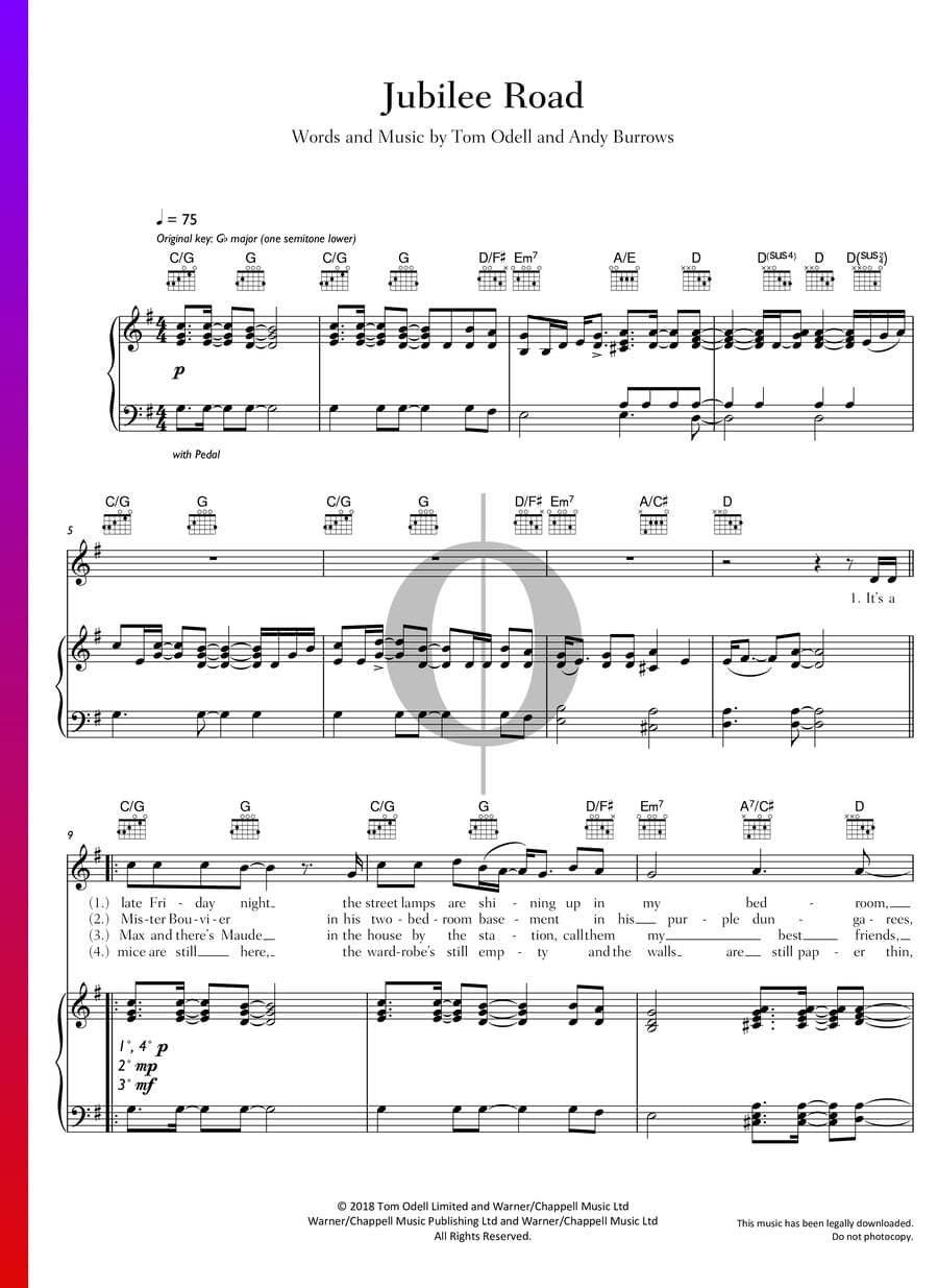 Jubilee Road (Tom Odell) Piano Sheet Music - OKTAV