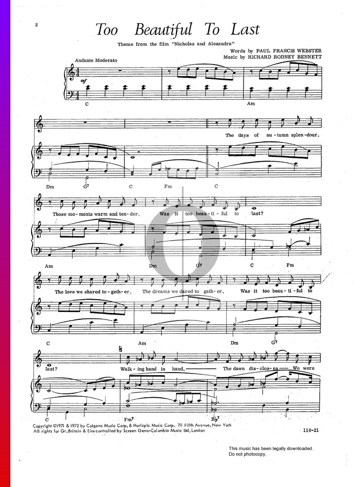 Too Beautiful To Last Sheet Music Piano Voice PDF Download OKTAV
