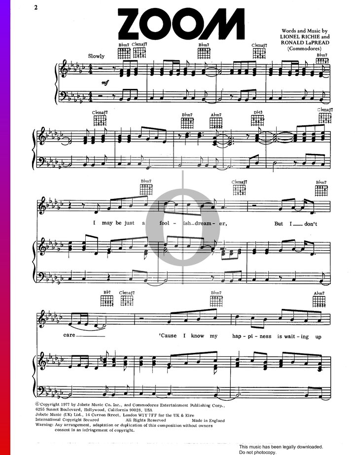 Zoom (Commodores) Piano Sheet Music - OKTAV