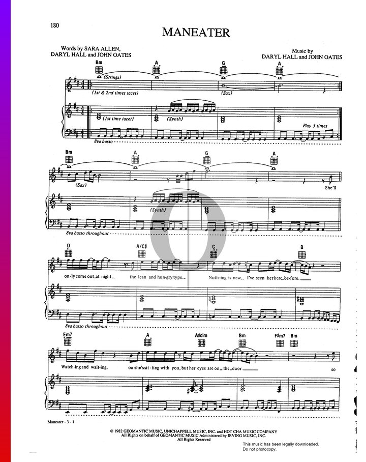 Maneater » Daryl Hall & John Oates - Partitions de piano - OKTAV