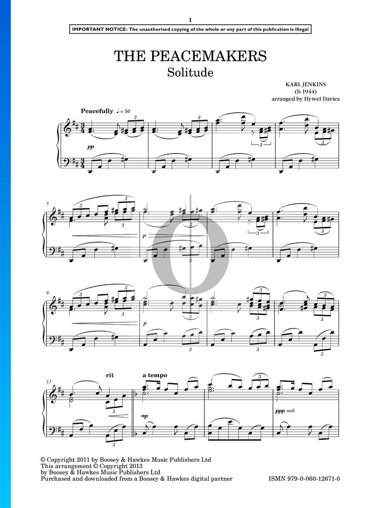 Peacemakers: 9. Solitude (Karl Jenkins) Piano Sheet Music - OKTAV