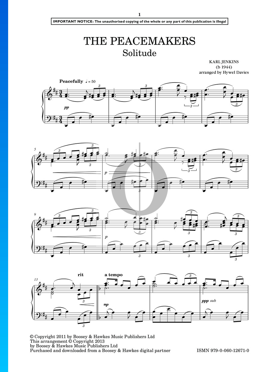 Peacemakers: 9. Solitude (Karl Jenkins) Piano Sheet Music - OKTAV