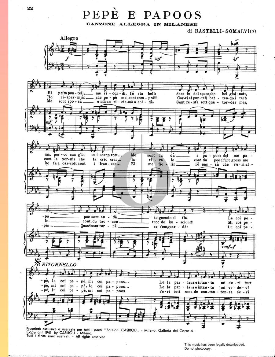 Pepè e Papoos (Nino Rastelli, Giacomo Somalvico) Piano Sheet Music - OKTAV