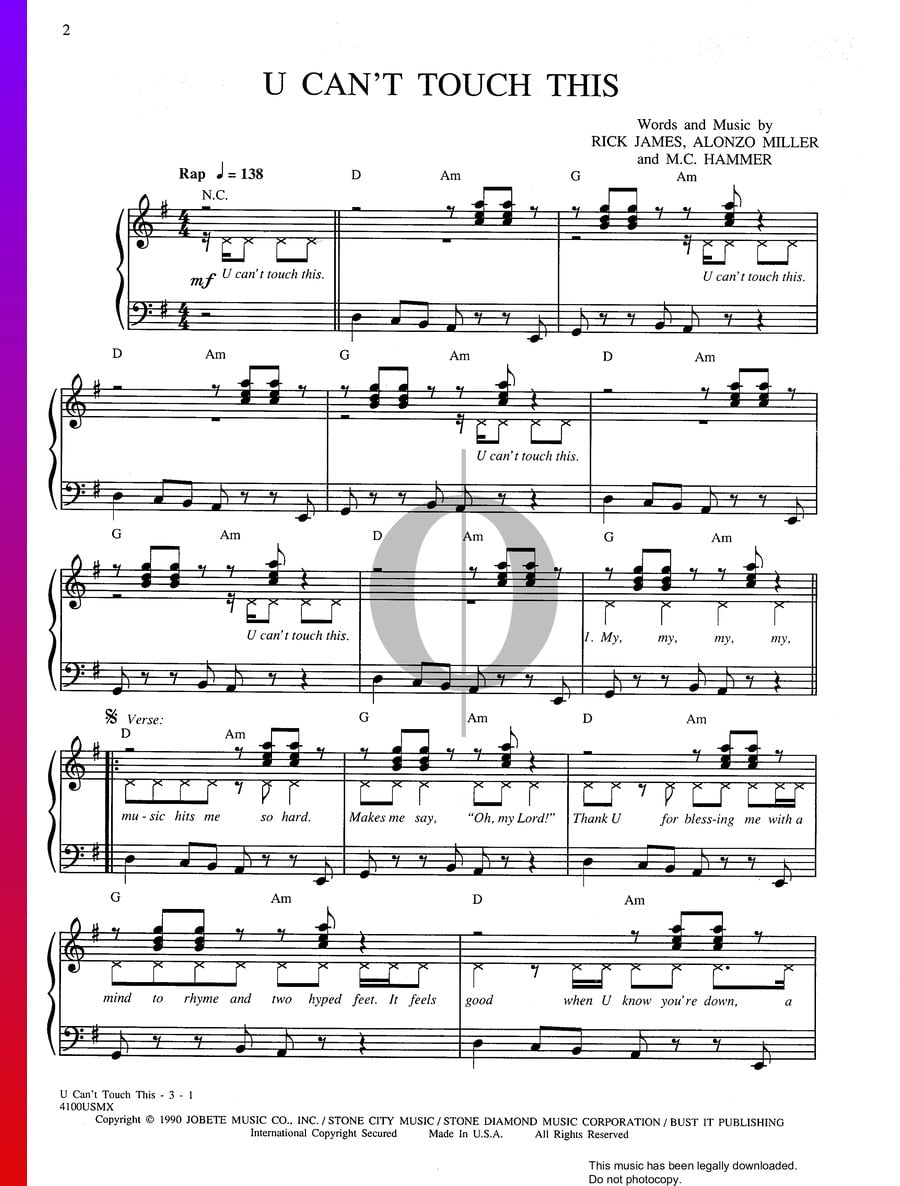 U Can't Touch This (MC Hammer) Piano Sheet Music - OKTAV