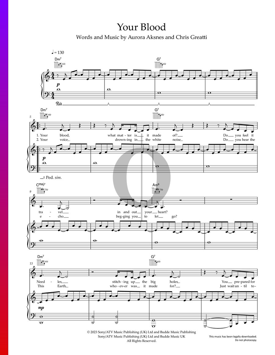 Your Blood (Aurora) Piano Sheet Music - OKTAV
