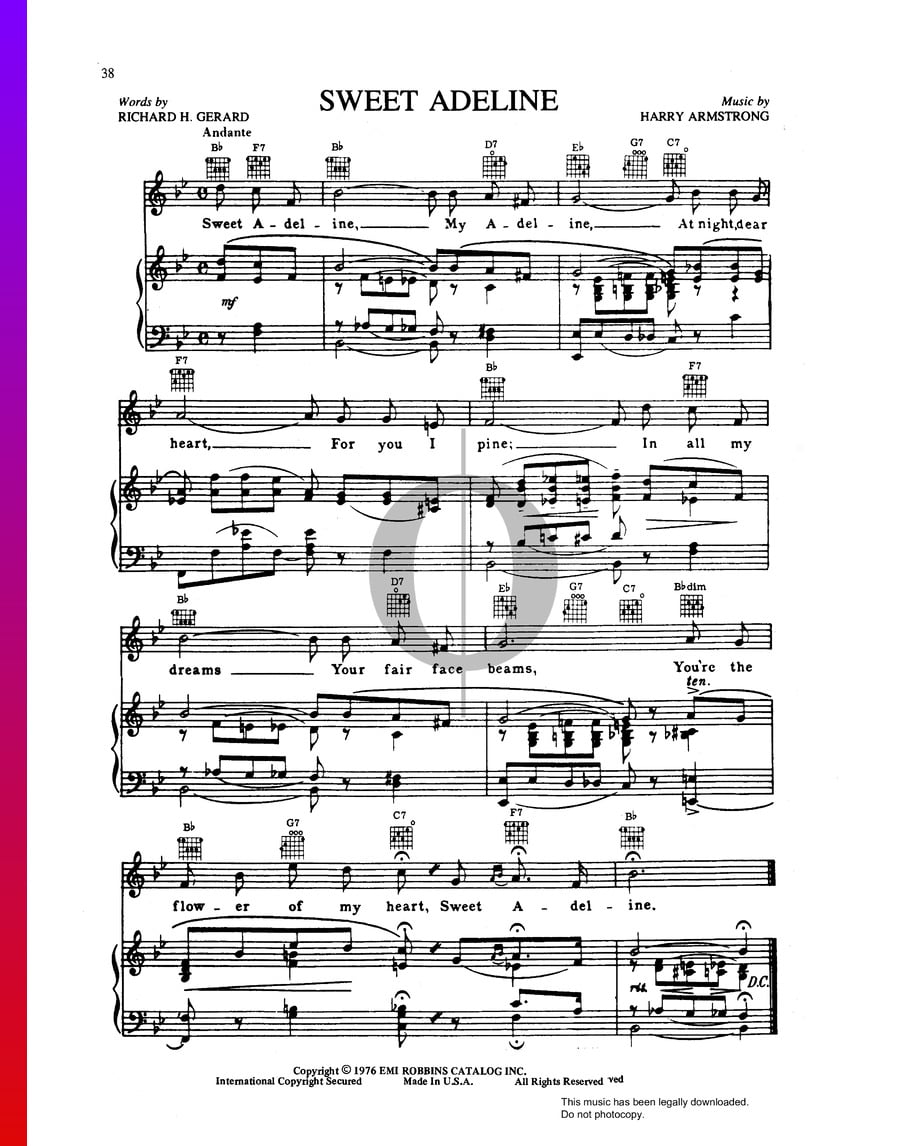 Sweet Adeline (Harry Armstrong) Piano Sheet Music - OKTAV