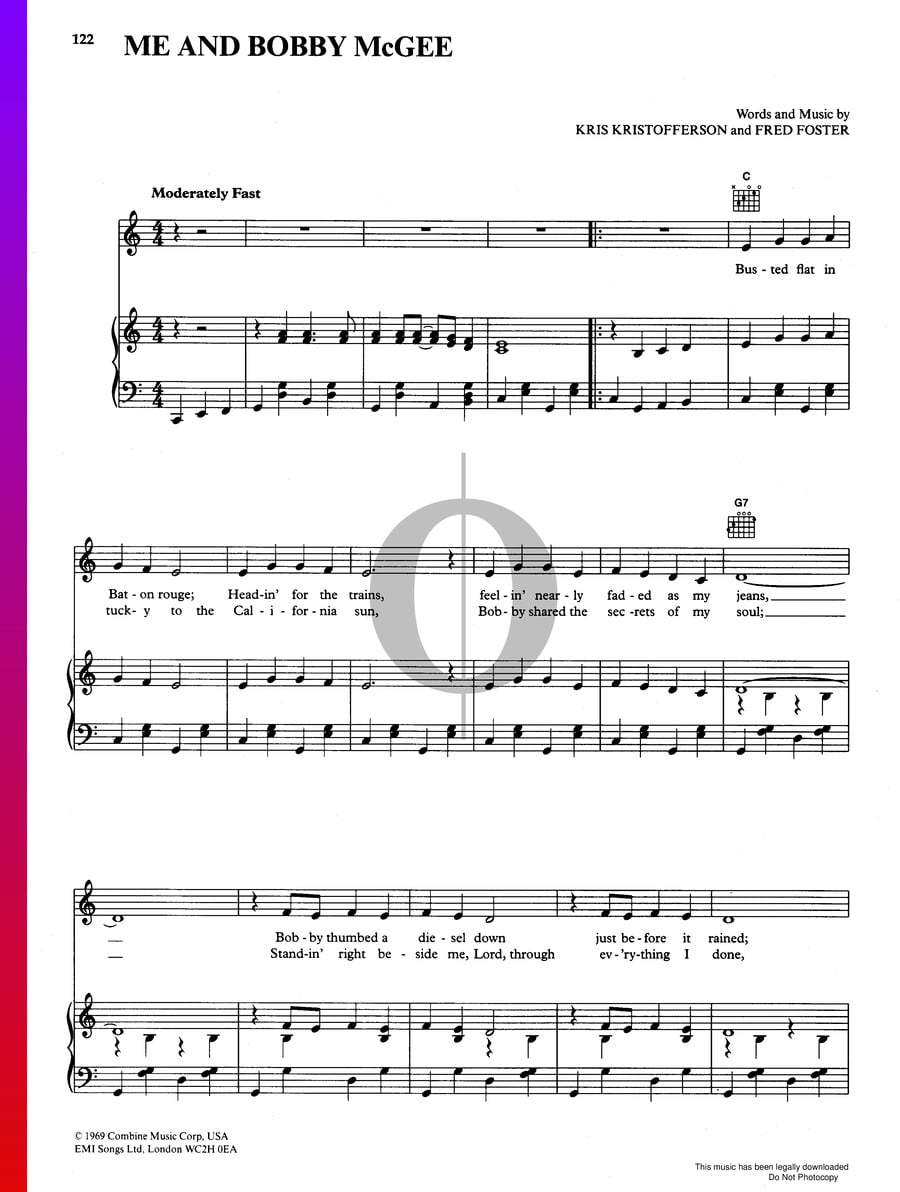 Me And Bobby McGee (Janis Joplin) Piano Sheet Music - OKTAV