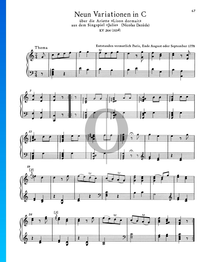 9 Variations in C Major, KV 264 (315d) Sheet Music (Piano Solo) - PDF ...