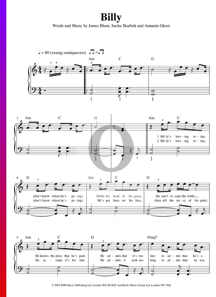 Billy (James Blunt) Piano Sheet Music - OKTAV