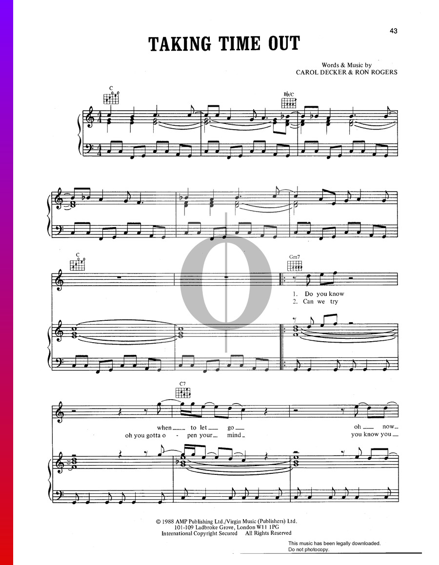 Taking Time Out (T'Pau) Piano Sheet Music - OKTAV