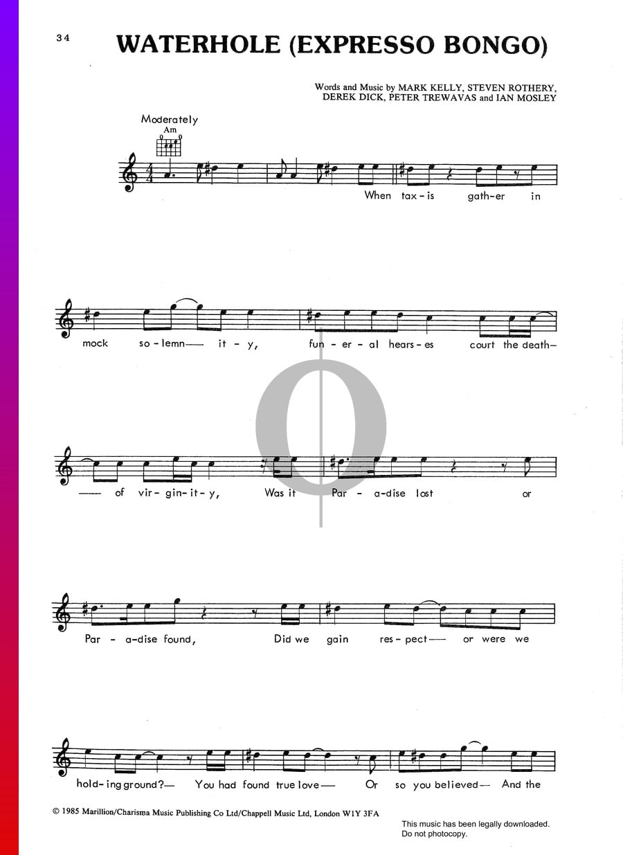 Waterhole (Expresso Bongo) (Marillion) Piano Sheet Music - OKTAV