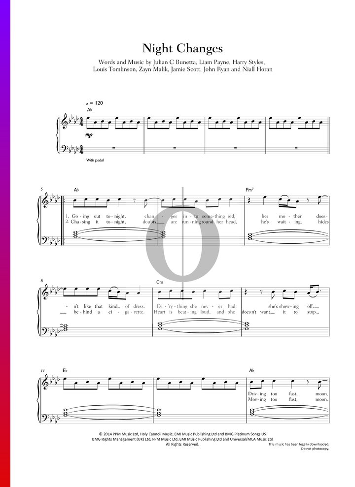 Night Changes (One Direction) Piano Sheet Music - OKTAV