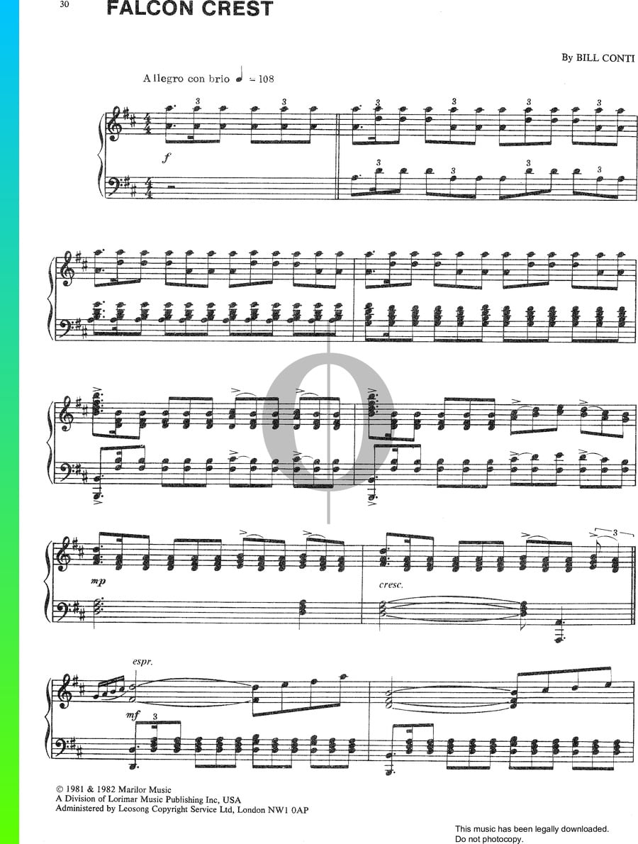 Falcon Crest Piano Sheet Music from Falcon Crest by Bill Conti - OKTAV