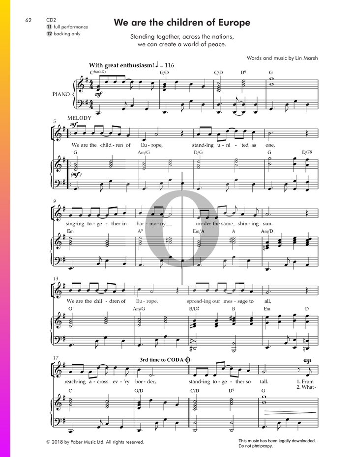 We Are The Children Of Europe (Lin Marsh) Piano Sheet Music - OKTAV