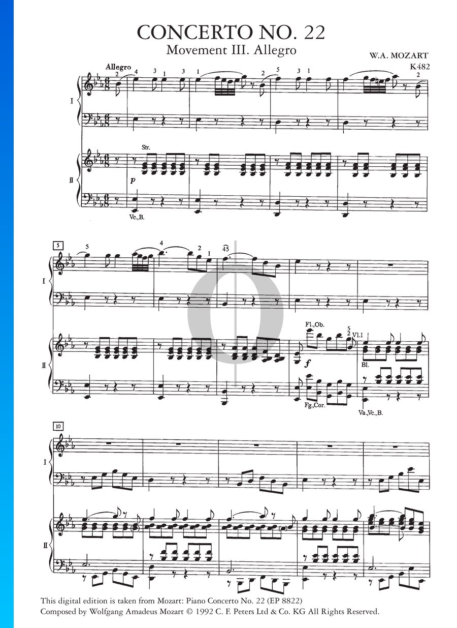 Piano Concerto No. 22 in E-flat Major, K. 482: 3. Allegro (Wolfgang Amadeus Mozart) Piano Sheet ...