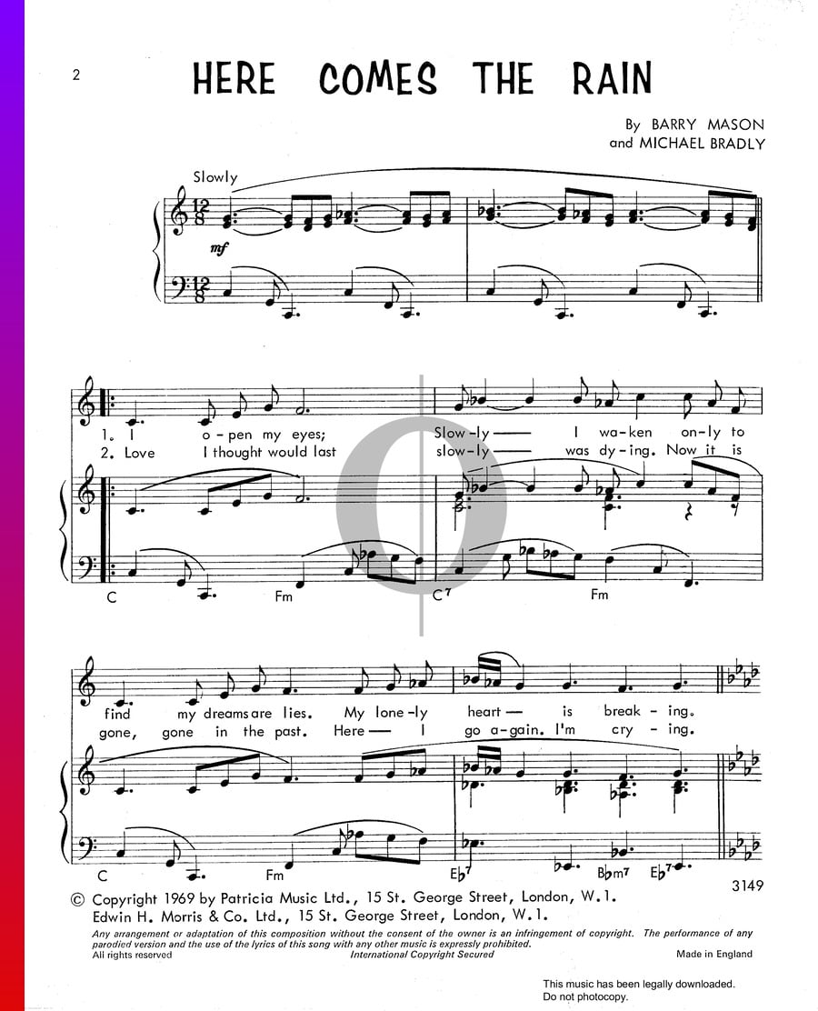 Here Comes The Rain (Leapy Lee) Piano Sheet Music - OKTAV