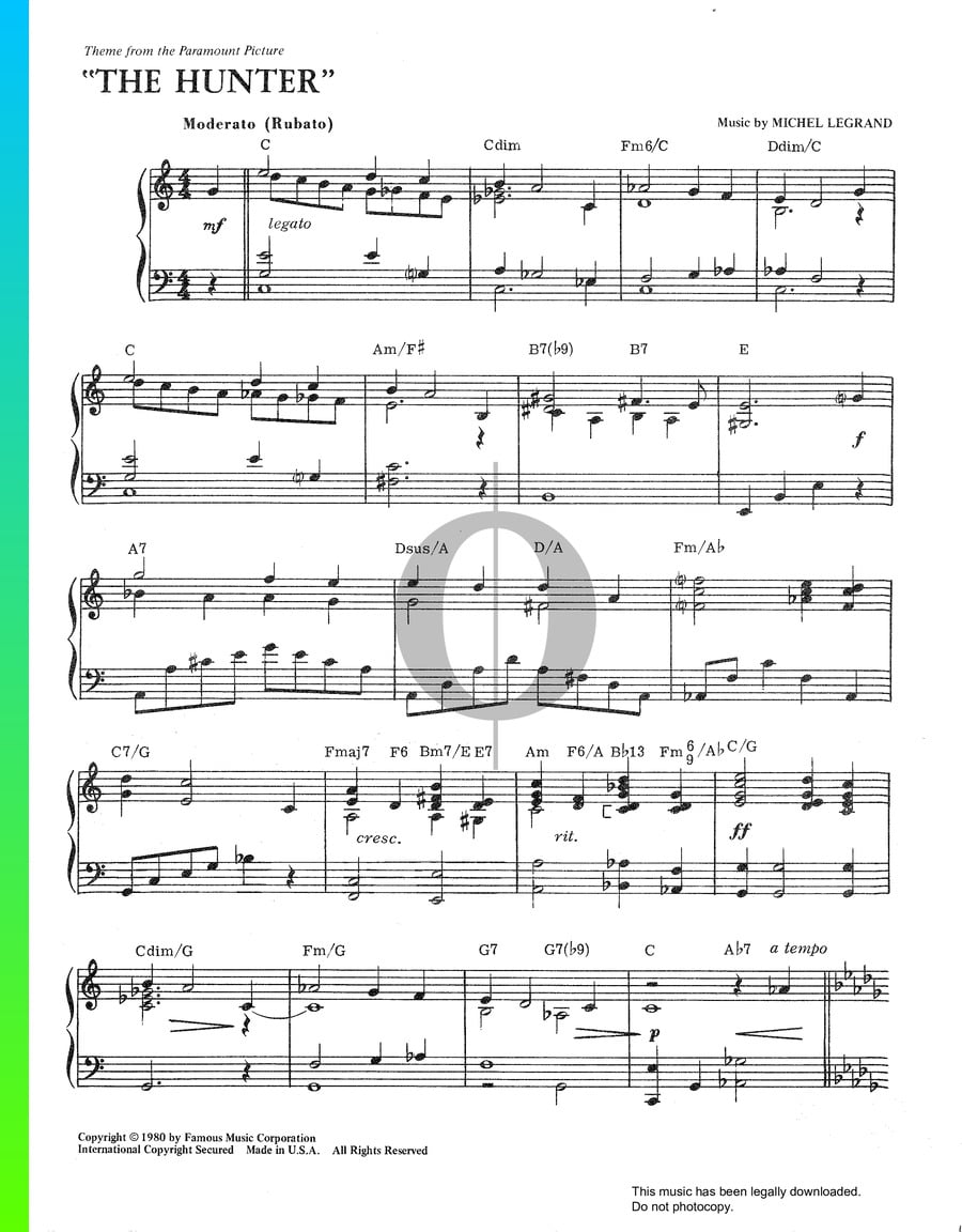 The Hunter Theme Piano Sheet Music from The Hunter by Michel Legrand ...