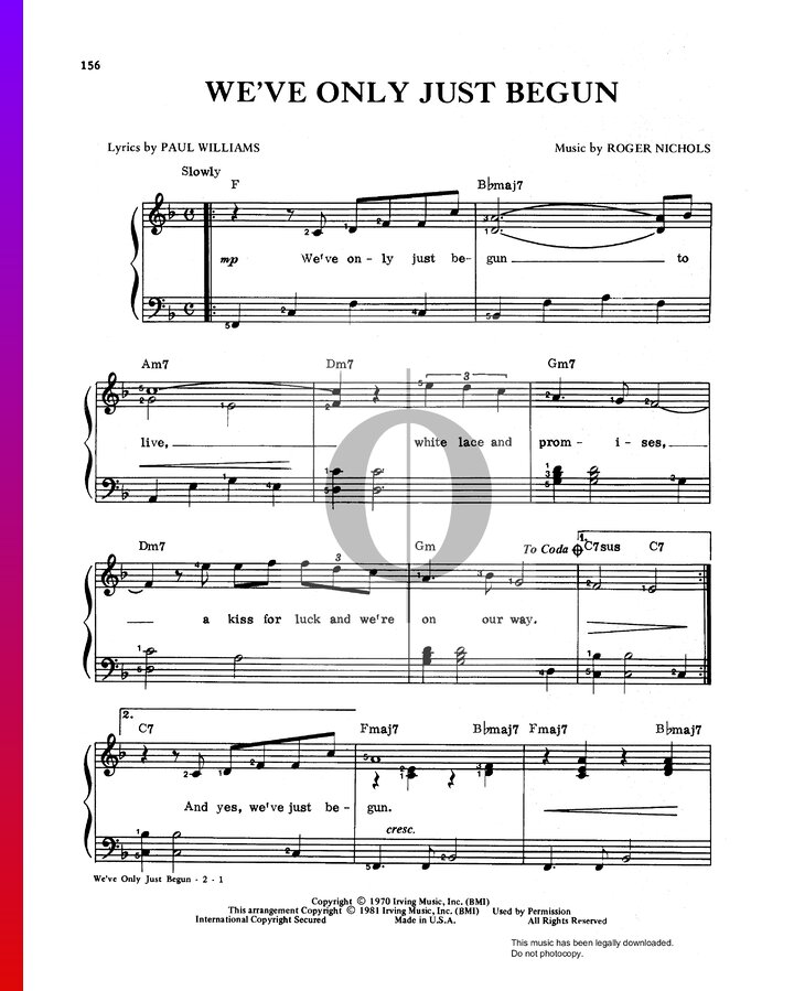 Weve Only Just Begun Sheet Music Piano Voice Pdf Download Oktav