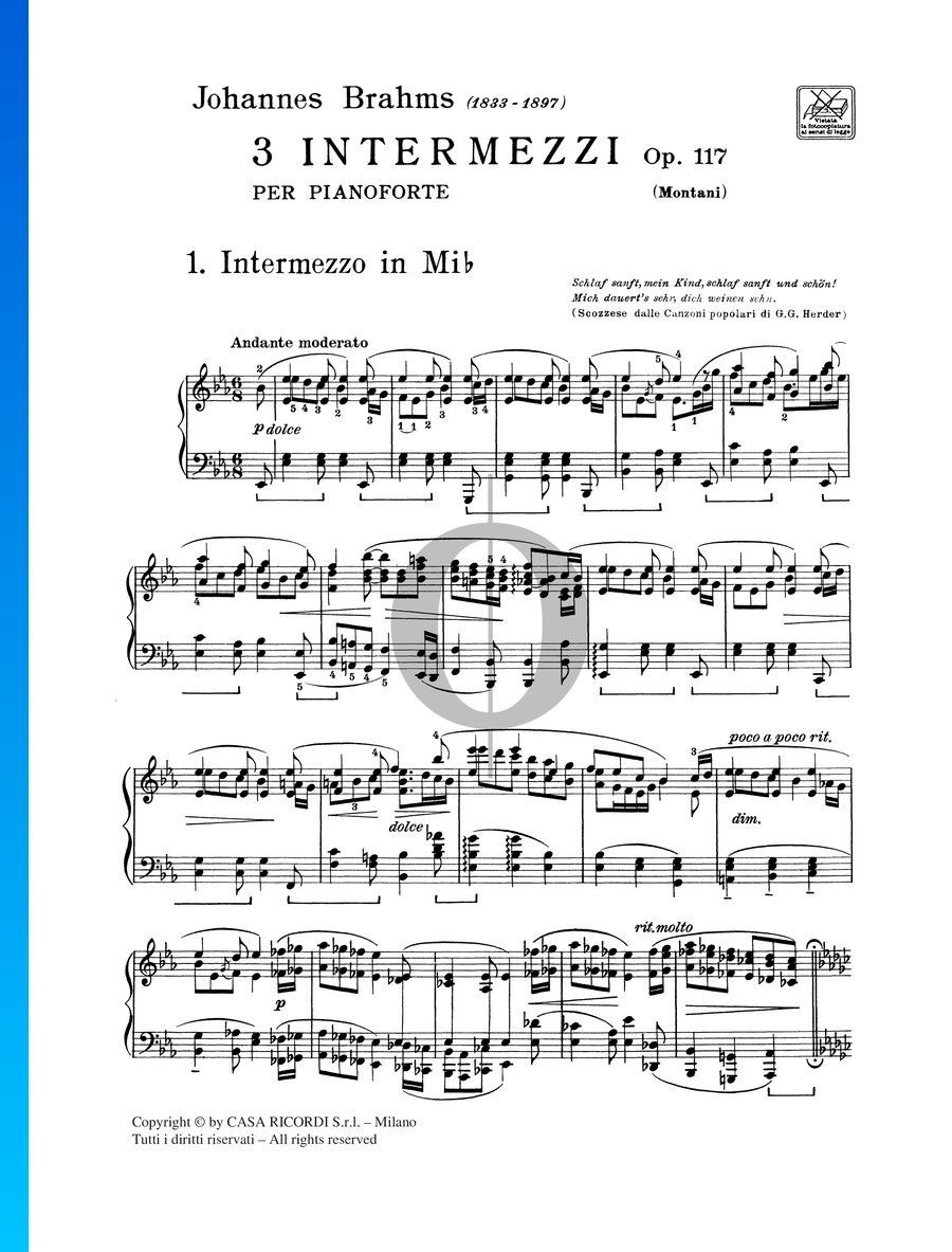 Intermezzo in E-flat Major, Op. 117 No. 1 (Johannes Brahms) Piano Sheet Music - OKTAV
