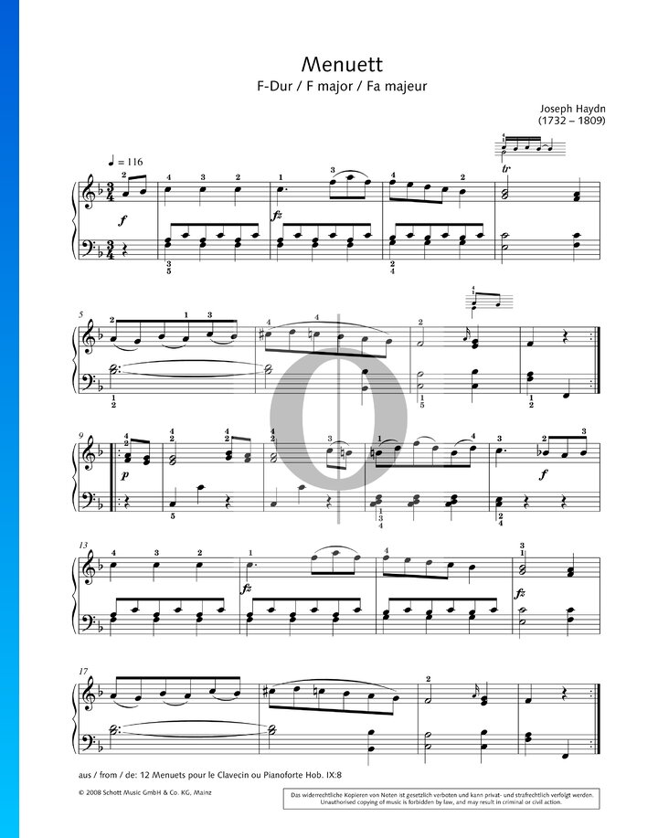Menuetto F Major (Franz Joseph Haydn) Piano Sheet Music - OKTAV