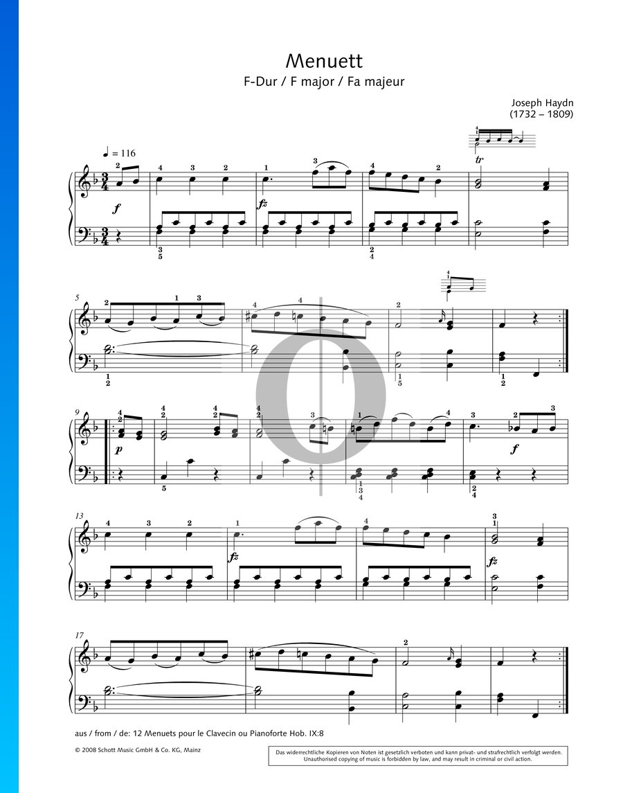 Menuetto F Major » Franz Joseph Haydn - Partituras de piano - OKTAV