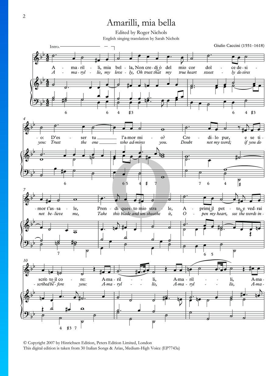 Amarilli, mia bella (Giulio Caccini) Piano Sheet Music - OKTAV