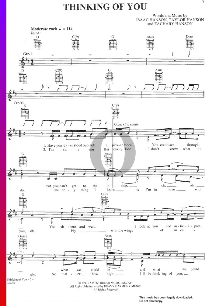 Thinking Of You (Hanson) Piano Sheet Music - OKTAV