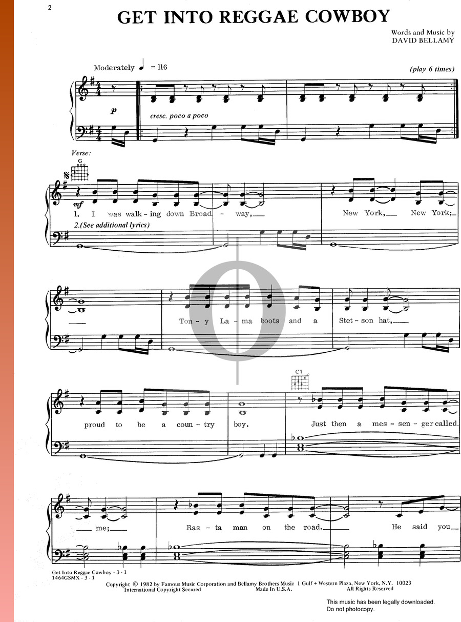 Get Into Reggae Cowboy (The Bellamy Brothers) Piano Sheet Music - OKTAV