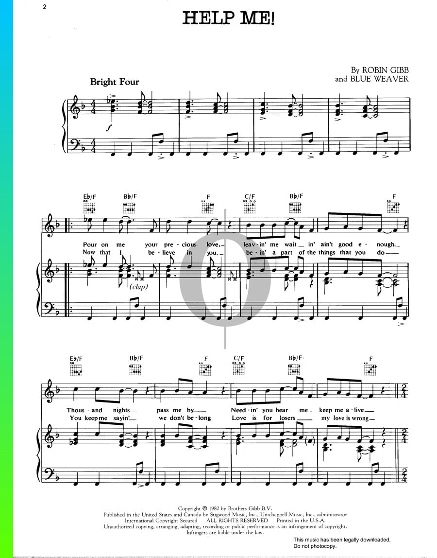 Help Me! Piano Sheet Music from Times Square by Robin Gibb, Marcy Levy ...