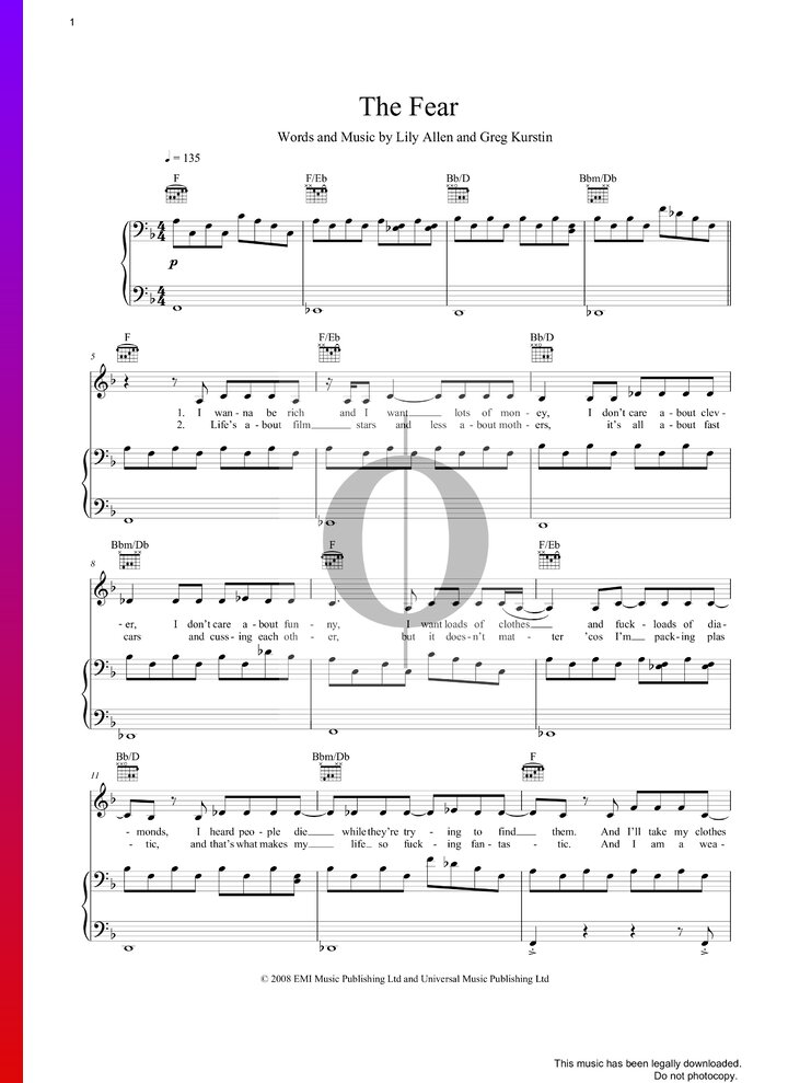 The Fear (Lily Allen) Piano Sheet Music - OKTAV
