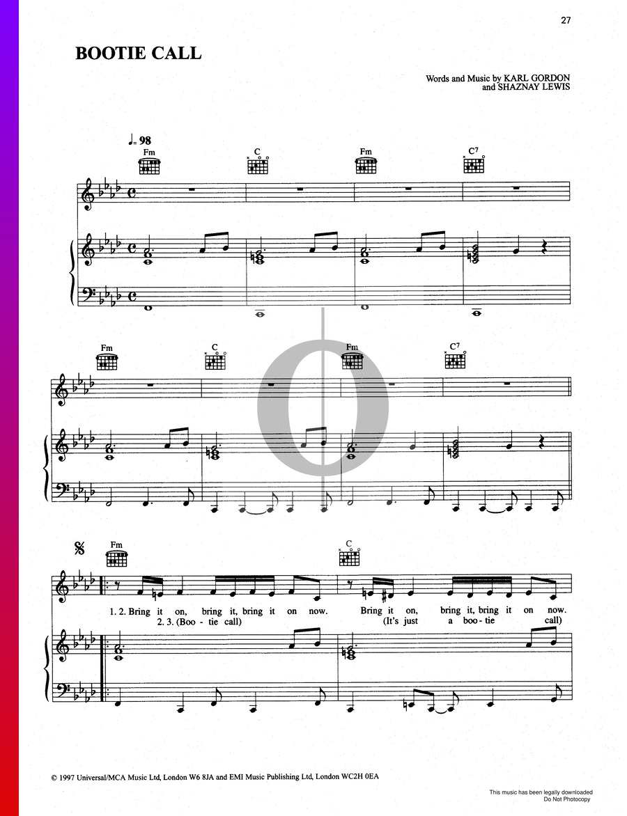 Bootie Call (All Saints) Piano Sheet Music - OKTAV