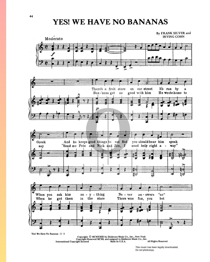 Yes! We Have No Bananas (Billy Jones) Piano Sheet Music - OKTAV
