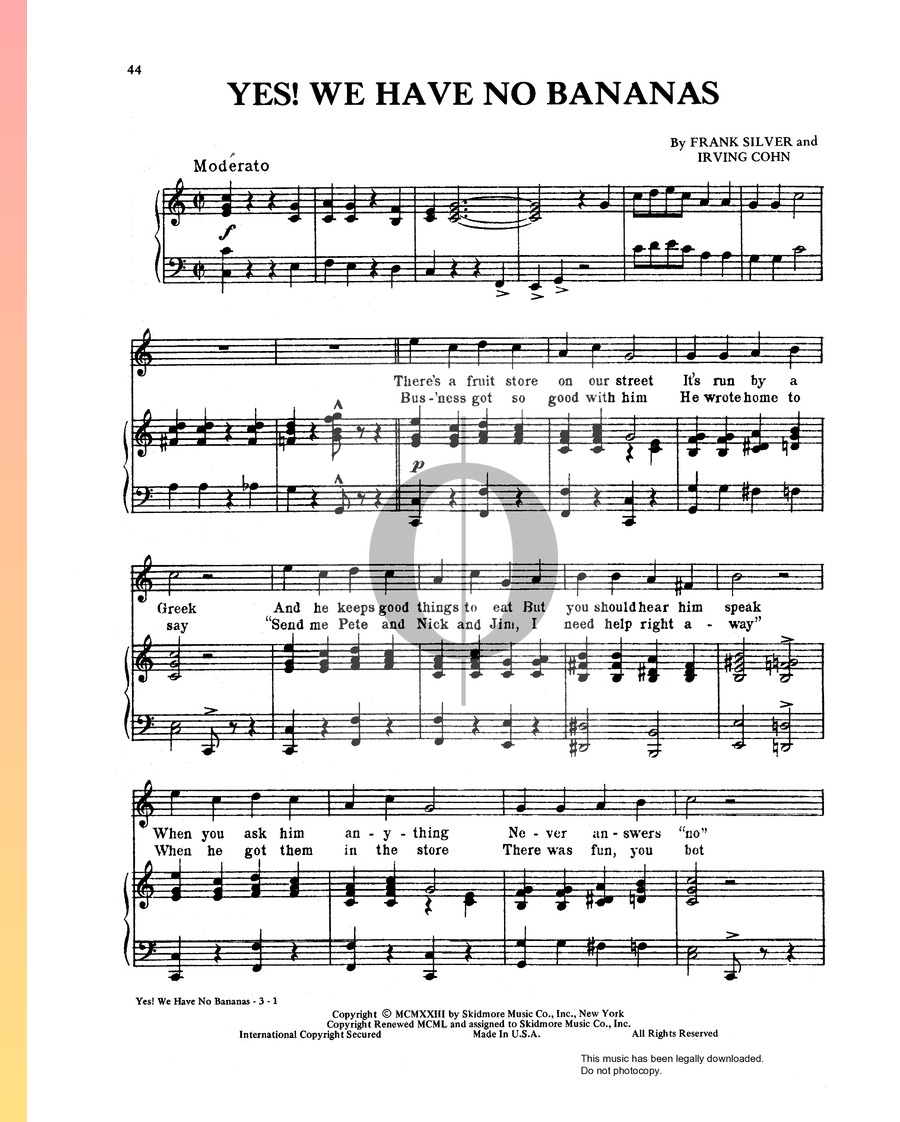 Yes! We Have No Bananas (Billy Jones) Piano Sheet Music - OKTAV