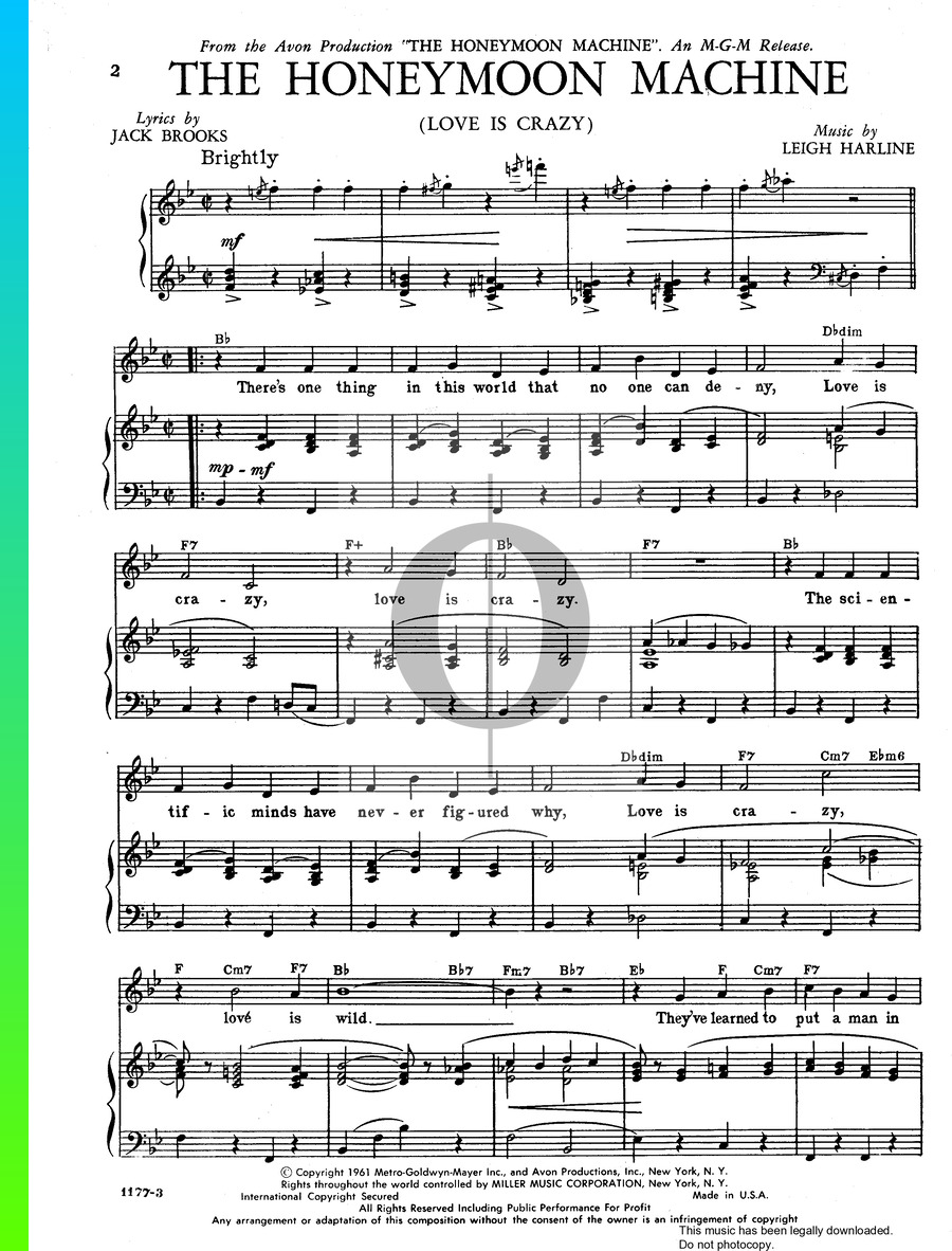 The Honeymoon Machine (Love Is Crazy) Piano Sheet Music from The ...