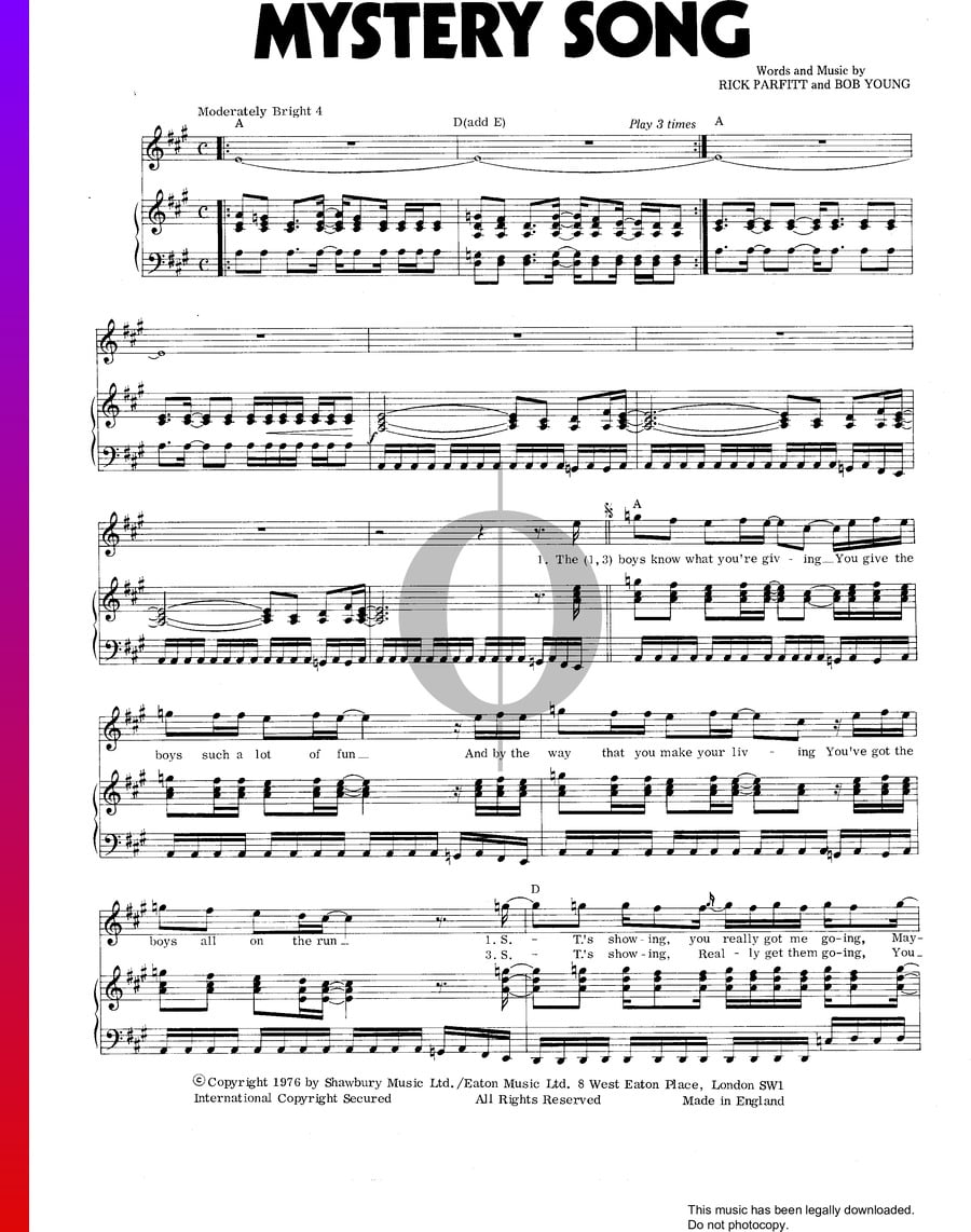 Mystery Song (Status Quo) Piano Sheet Music - OKTAV