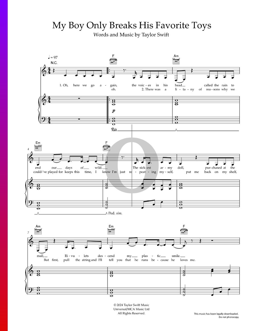 My Boy Only Breaks His Favorite Toys (Taylor Swift) Piano Sheet Music ...