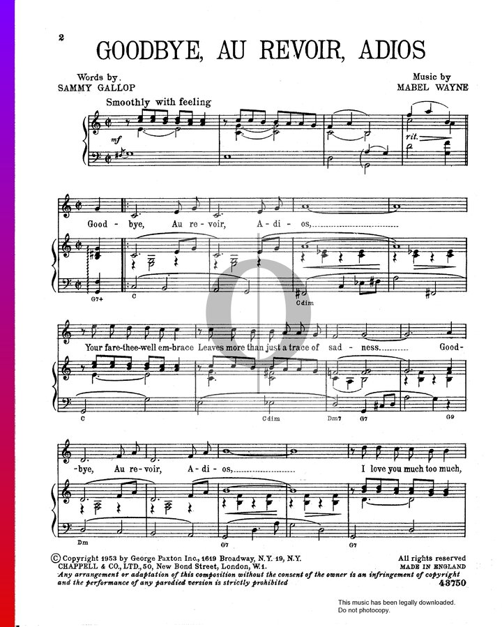 Goodbye Au Revoir Adios (Johnnie Ray) Piano Sheet Music - OKTAV