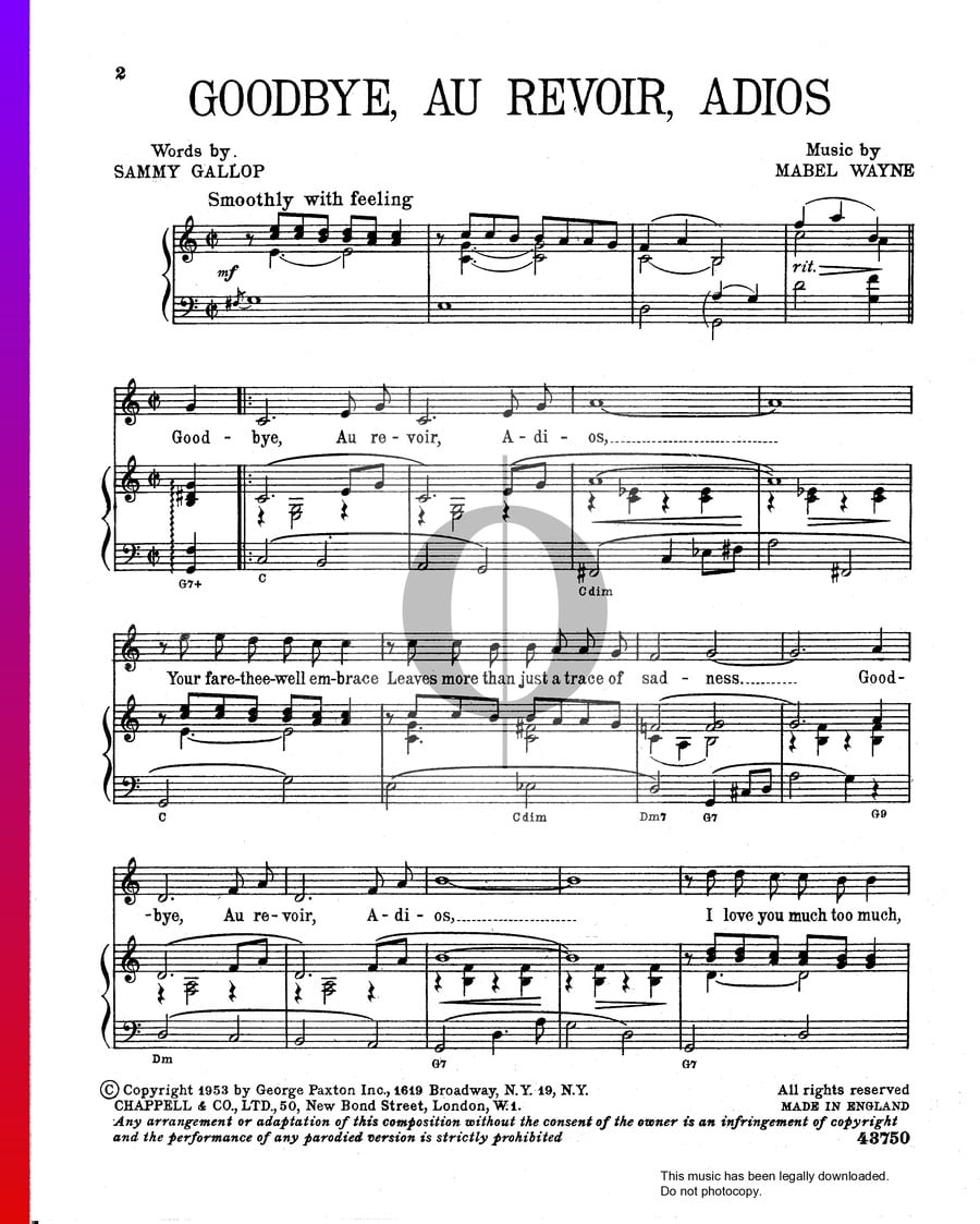 Goodbye Au Revoir Adios (Johnnie Ray) Piano Sheet Music - OKTAV