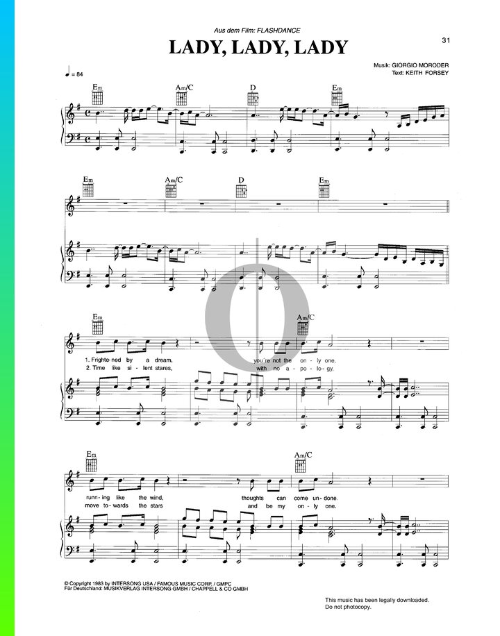 Lady, Lady, Lady Piano Sheet Music from Flashdance by Joe Esposito - OKTAV