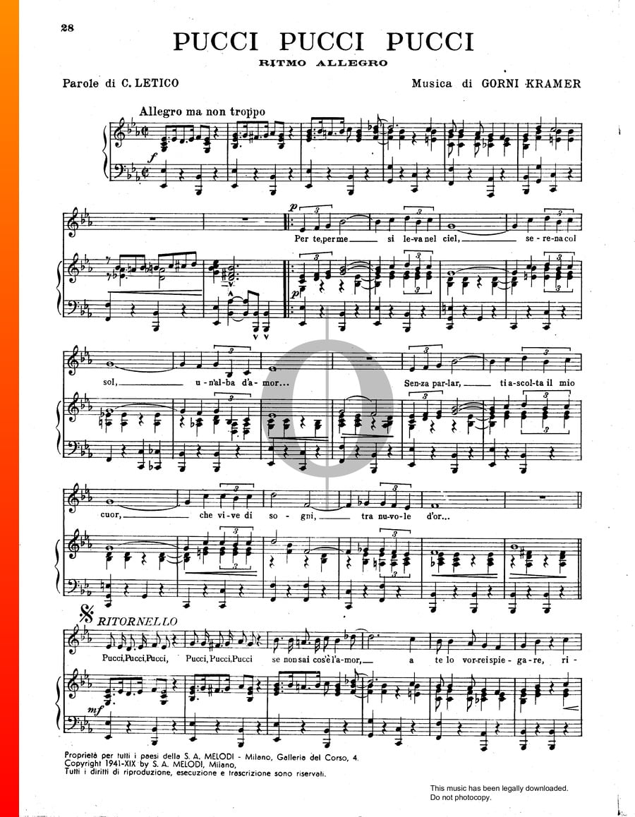 Pucci Pucci Pucci (Gorni Kramer) Piano Sheet Music - OKTAV