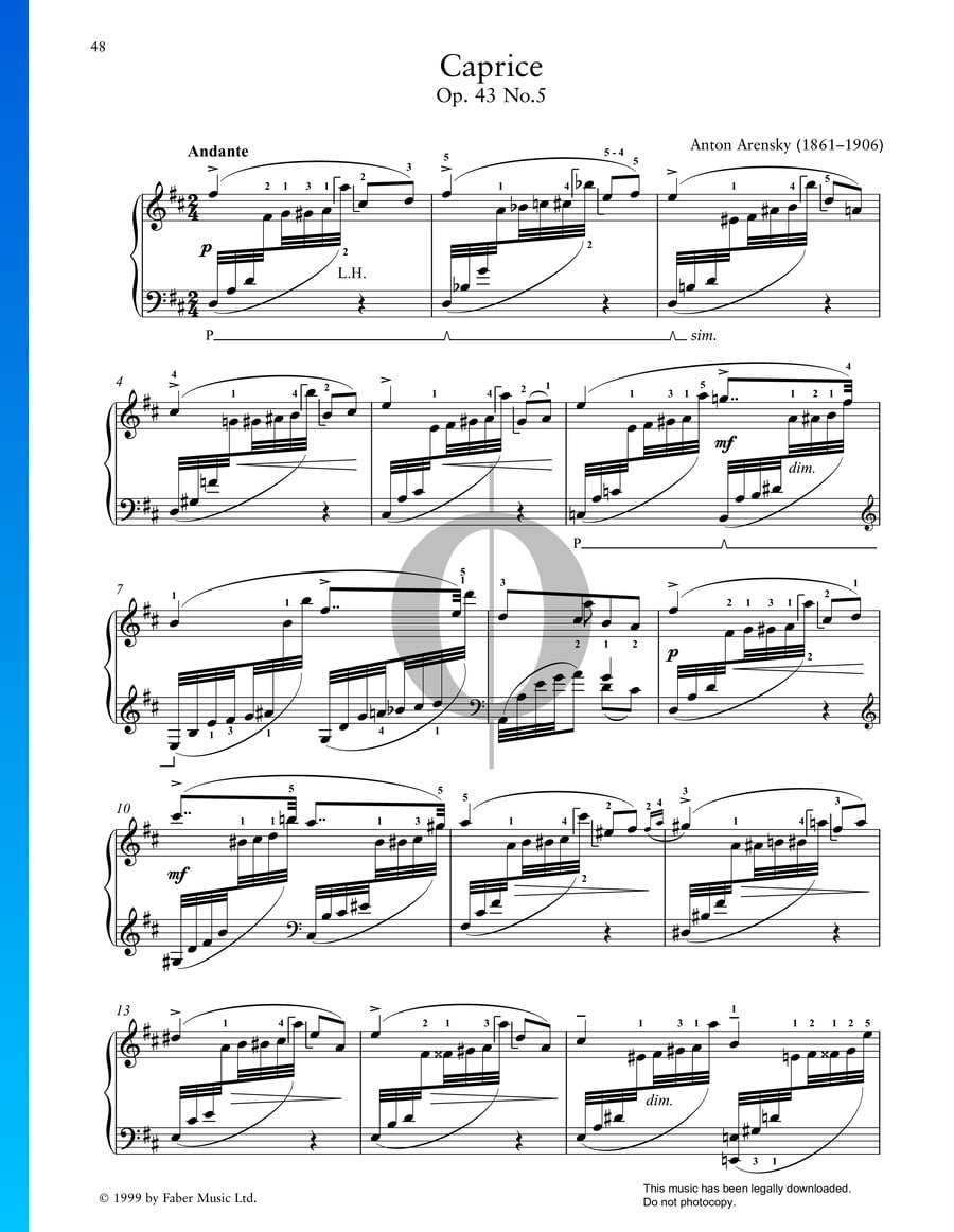 Caprice, Op. 43 No. 5 (Anton Arensky) Piano Sheet Music - OKTAV