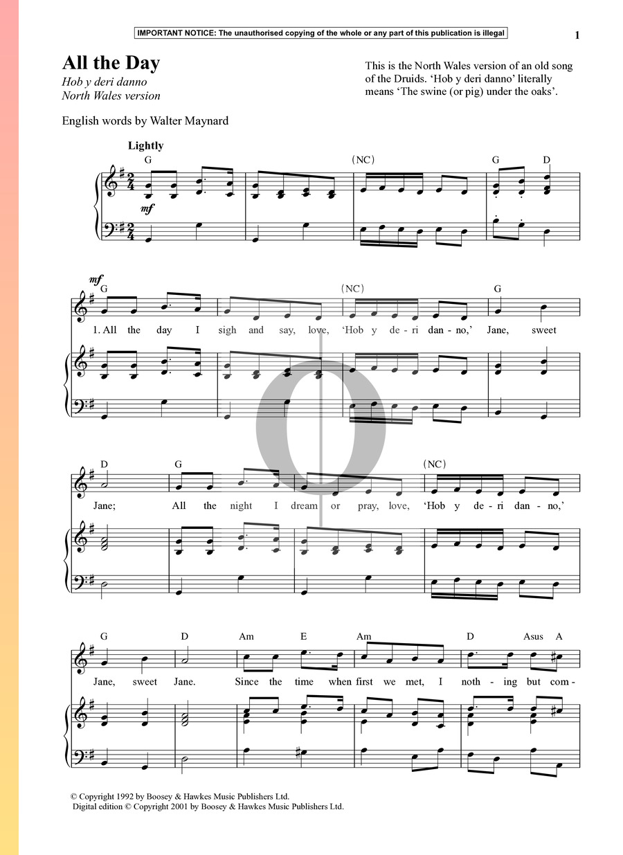 All The Day (North Wales Version) (Anonymous) Piano Sheet Music - OKTAV