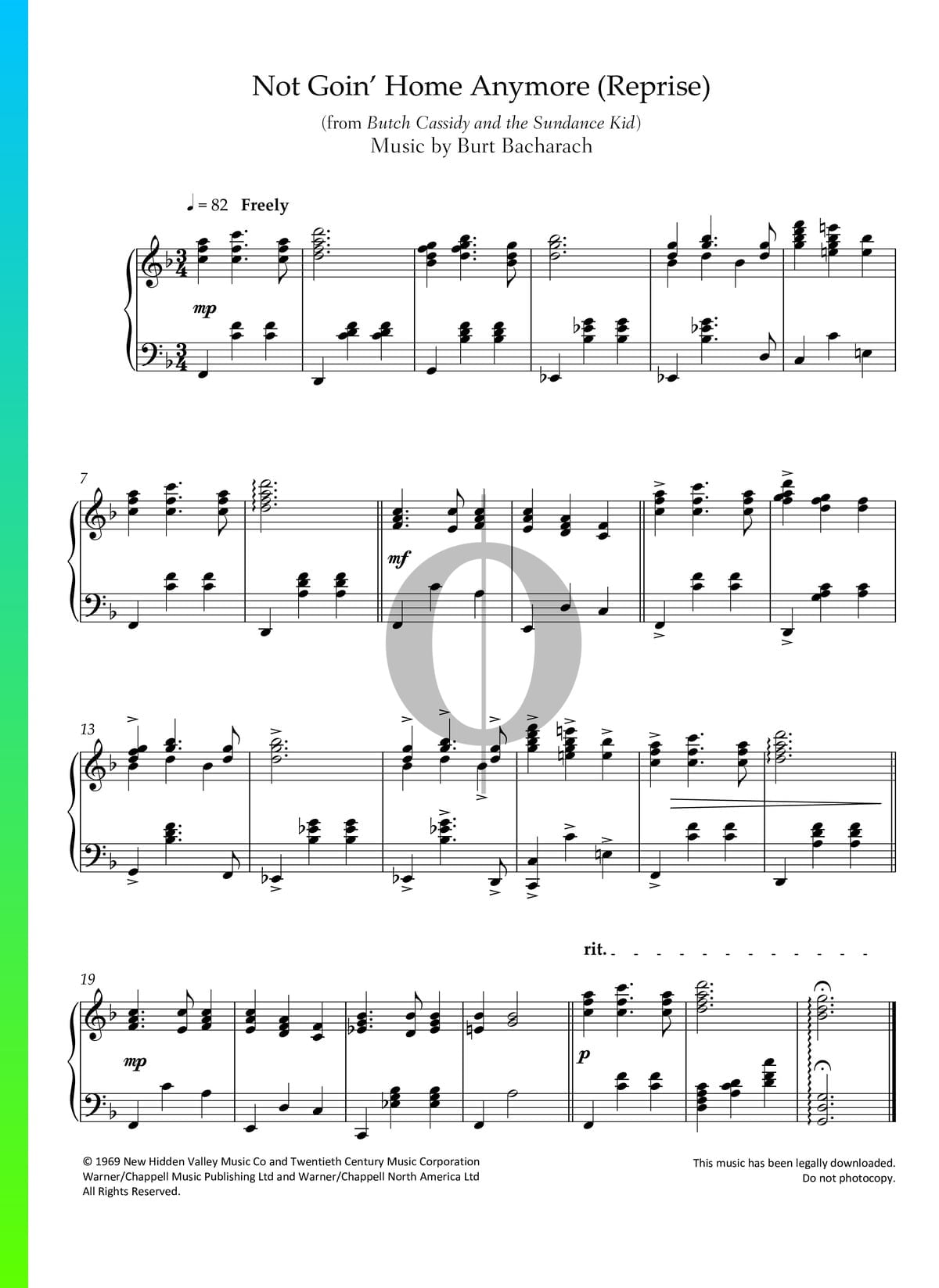 Not Goin' Home Anymore Spartito di Butch Cassidy and the Sundance Kid (Pianoforte solista) - OKTAV