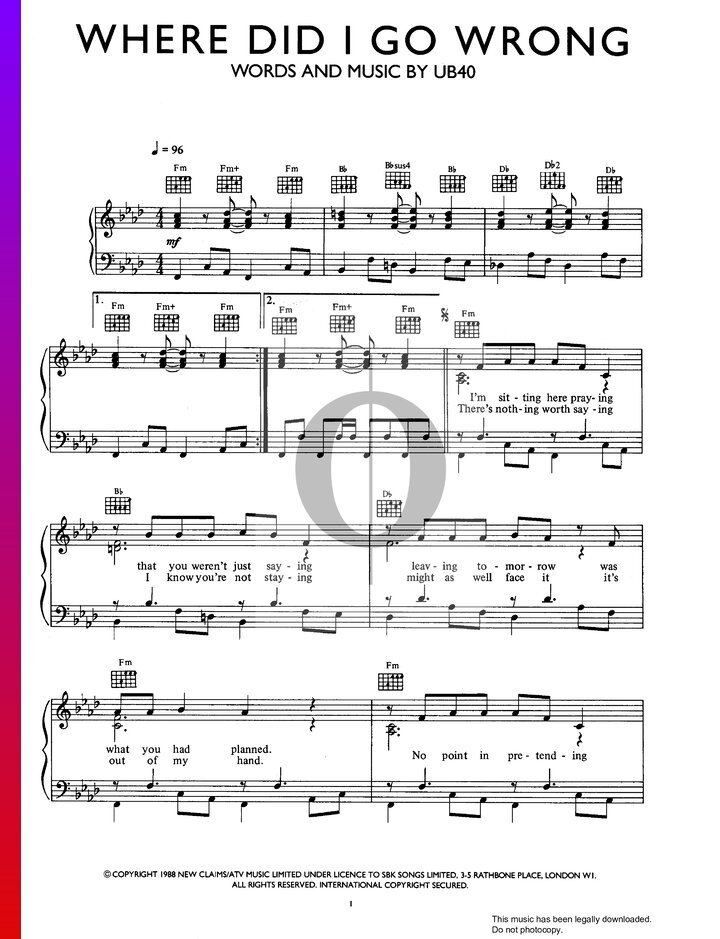 Where Did I Go Wrong (UB40) Piano Sheet Music - OKTAV