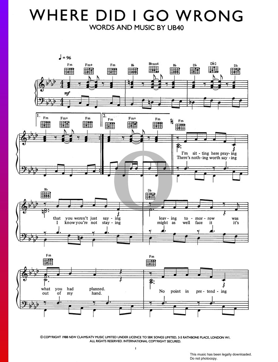 Where Did I Go Wrong (UB40) Piano Sheet Music - OKTAV