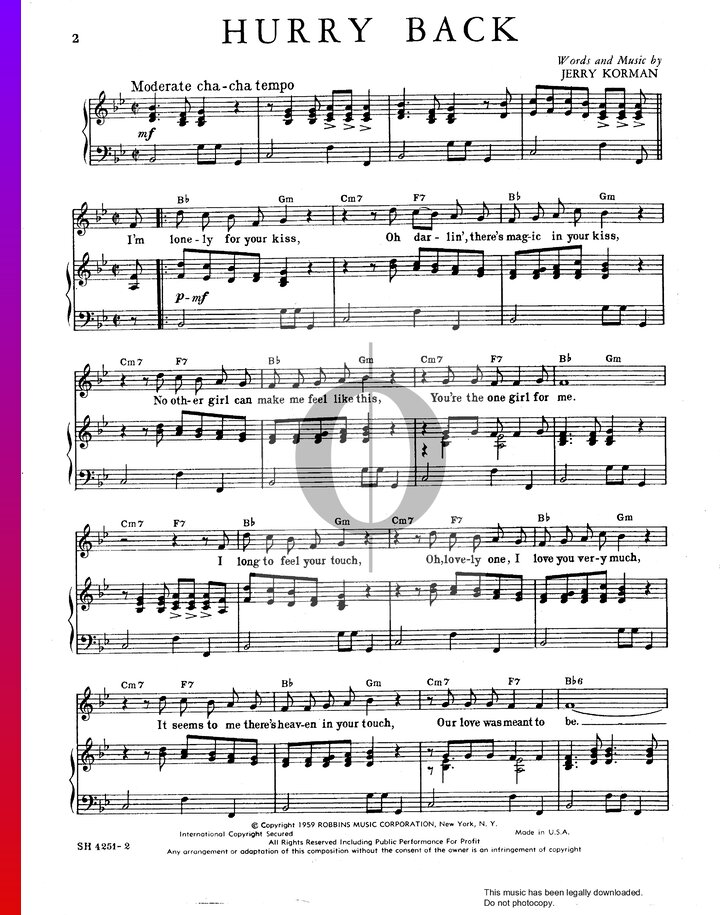 Hurry Back (Jerry Korman) Piano Sheet Music - OKTAV